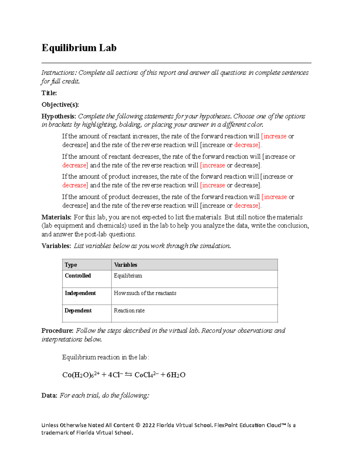 Lab report-equilibrium - Equilibrium Lab Instructions: Complete all ...