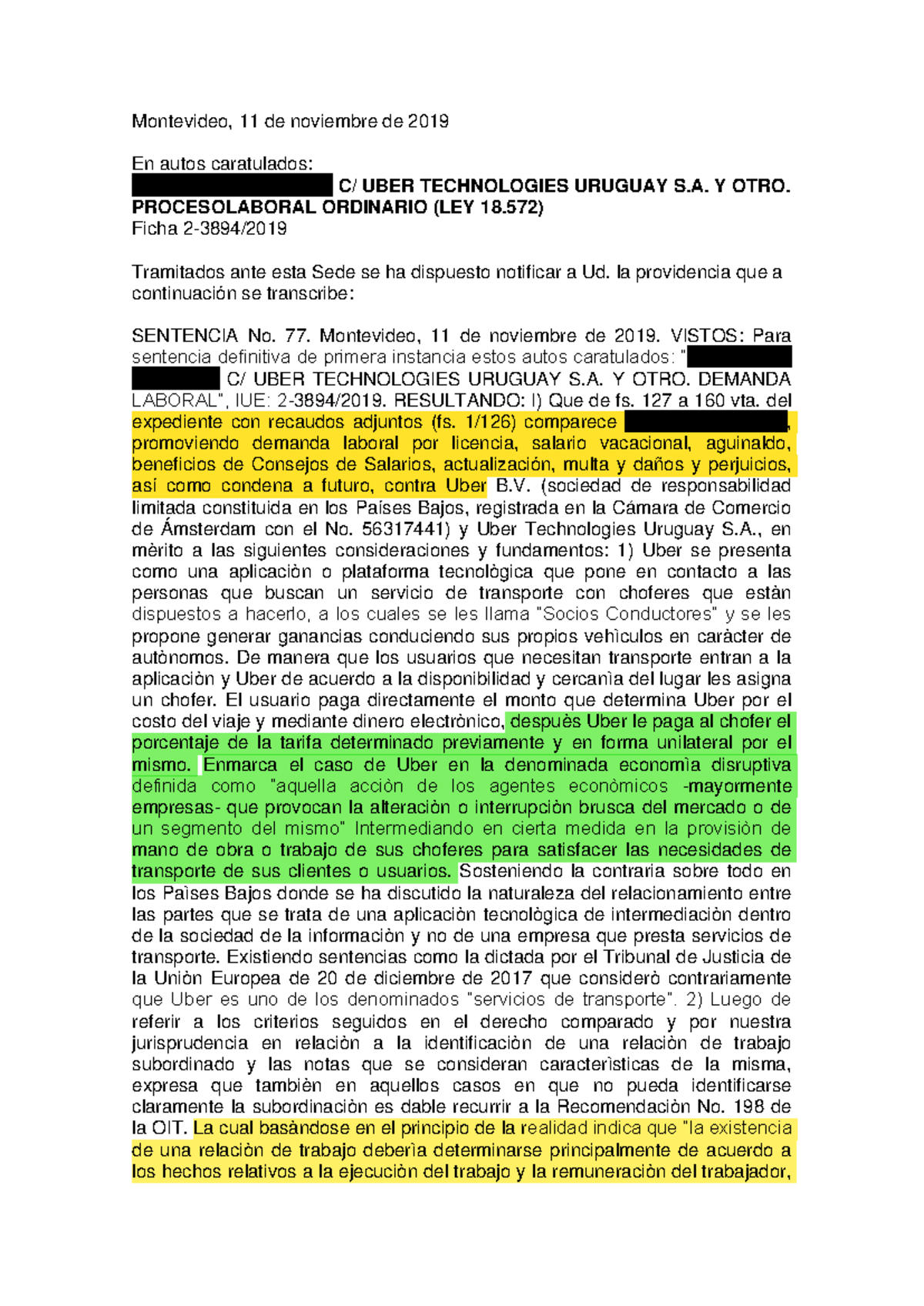 Sentencia de Primera Instancia: Caso Esteban Queimada vs. Uber ...