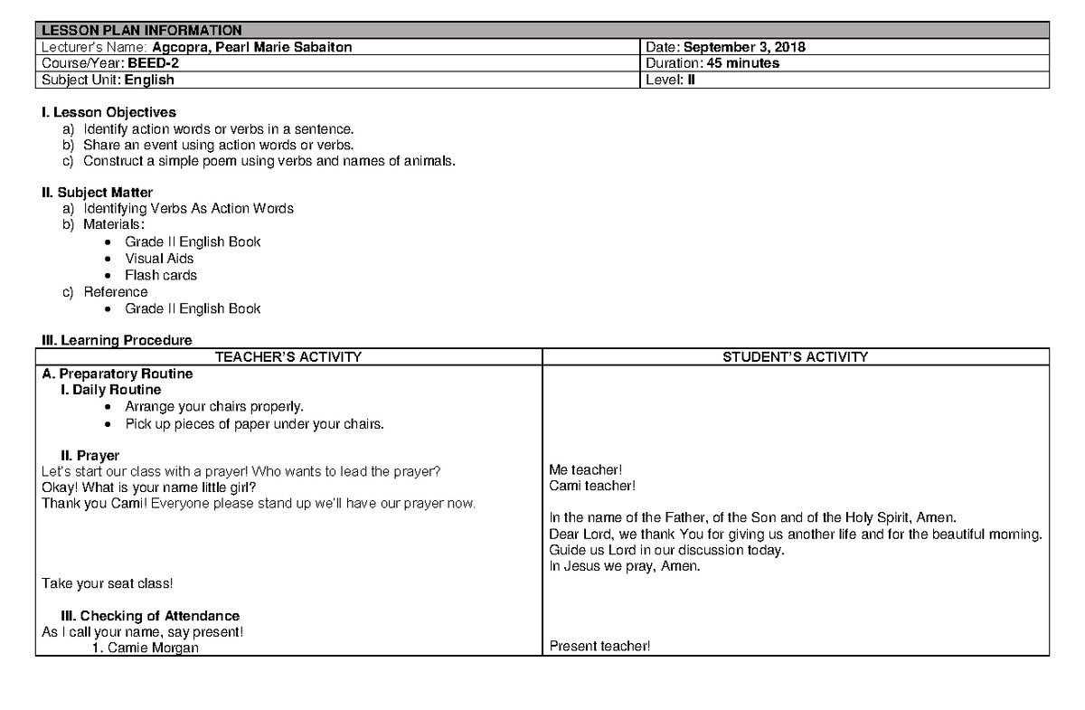 BEED-2 Detailed Lesson Plan No. 2: Identifying Verbs as Action Words ...