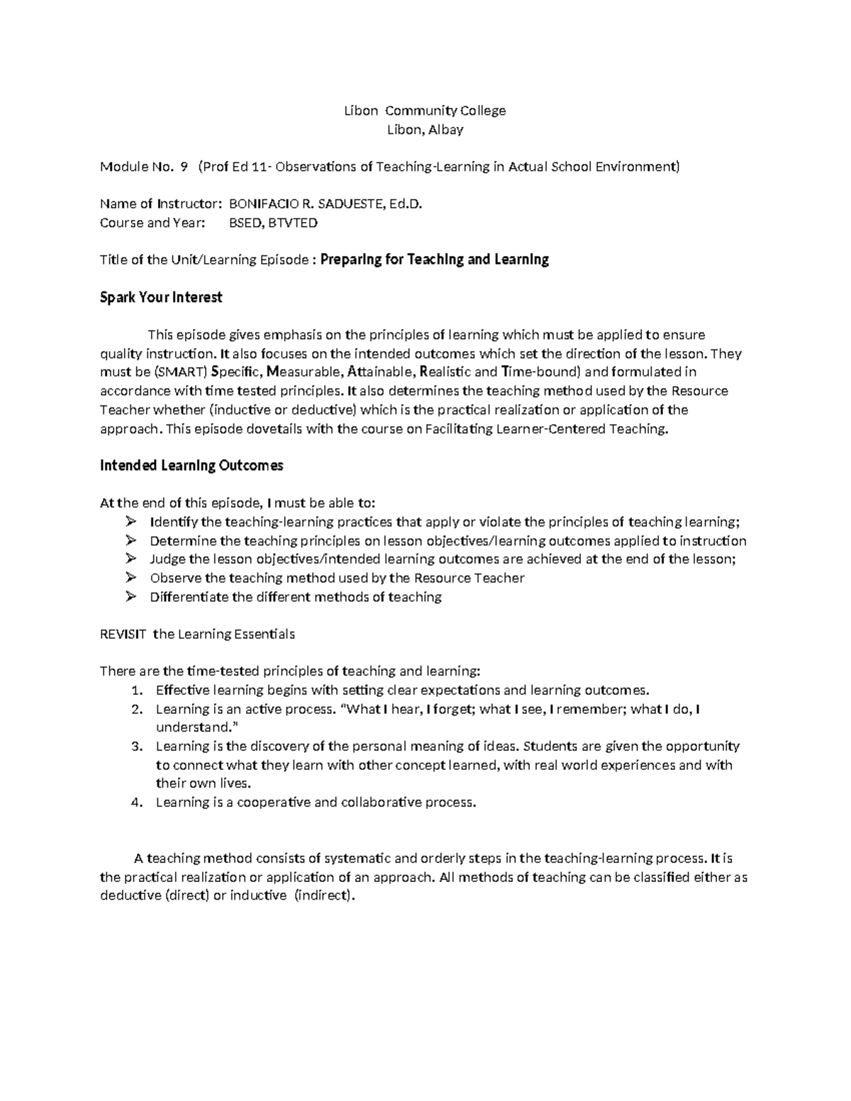 Module 9: Preparing for Teaching & Learning - Prof Ed 11 FS 11 - Studocu