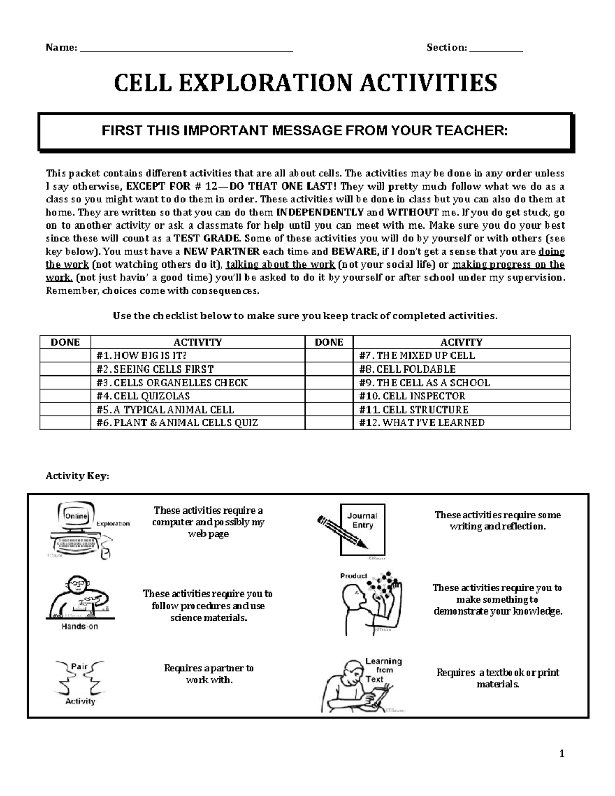 CELL EXPLORATION ACTIVITIES Packet: Study Guide & Test Prep Guide - Studocu