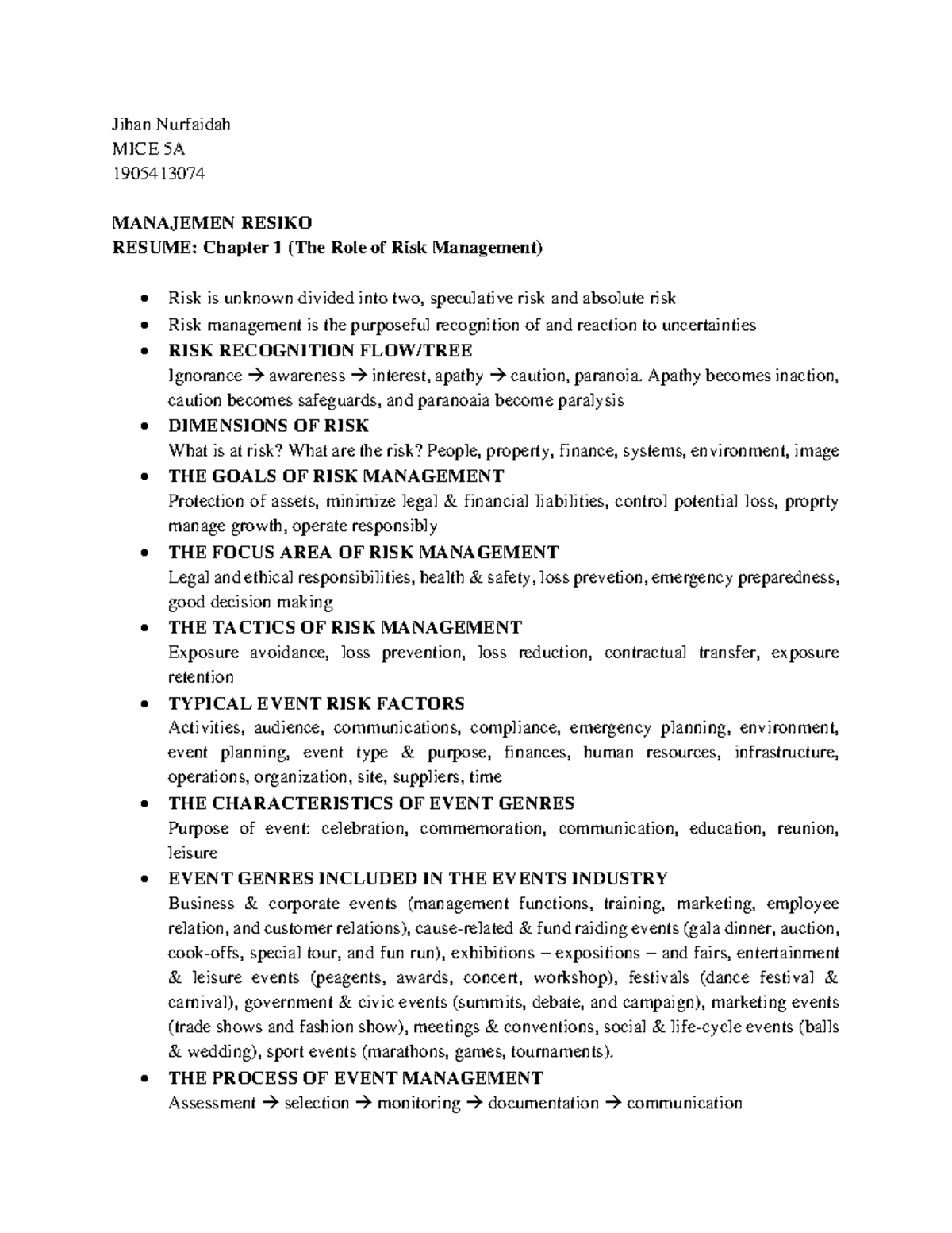 Resume: Chapter I - The Role of Risk Management (MICE 5A) - Studocu