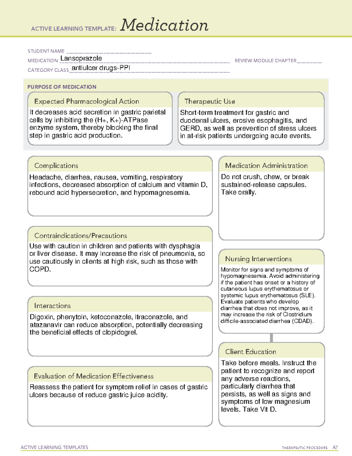 ACTIVE LEARNING TEMPLATE: Lansoprazole Medication Review Module - Studocu
