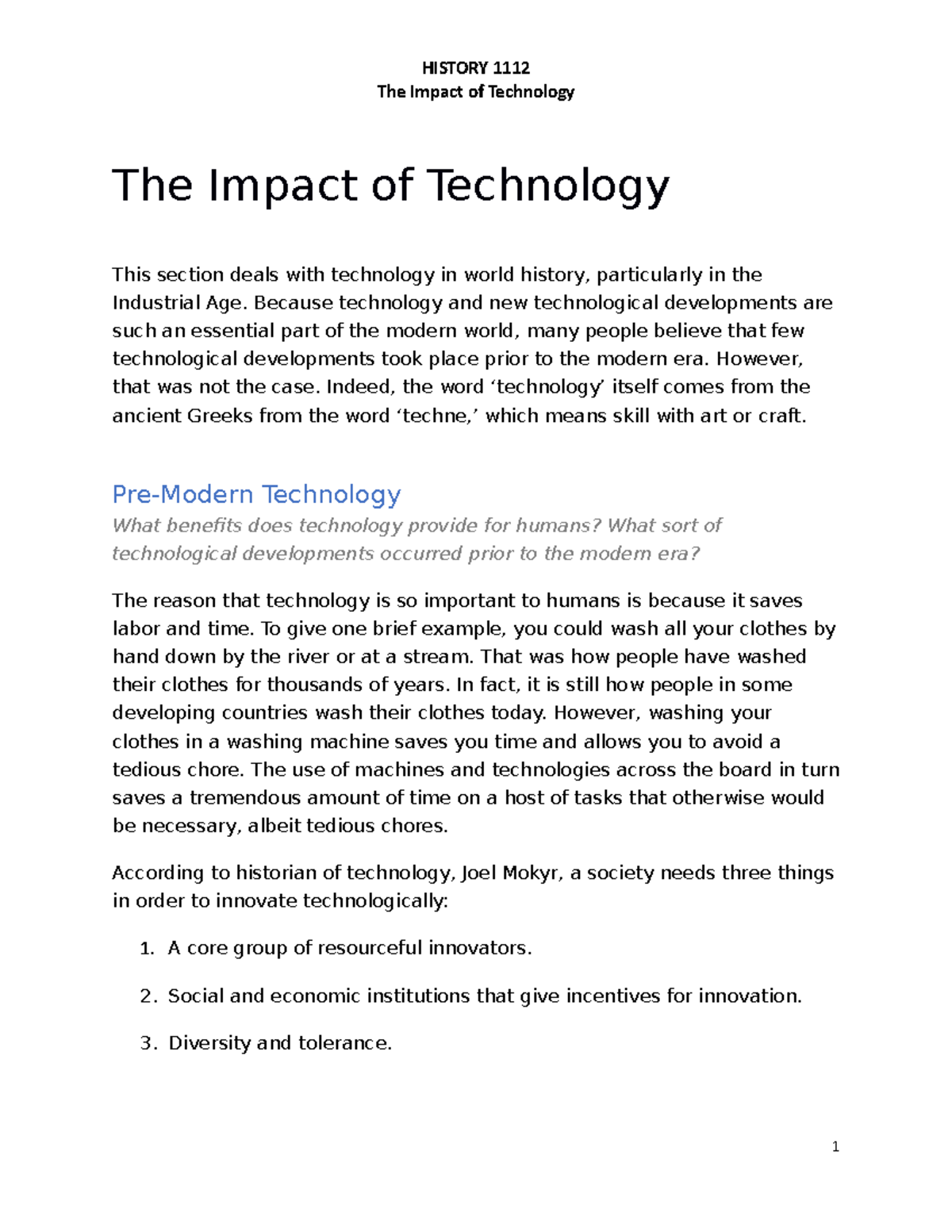 HIST 1112 - The Evolution and Influence of Technology in History - Studocu
