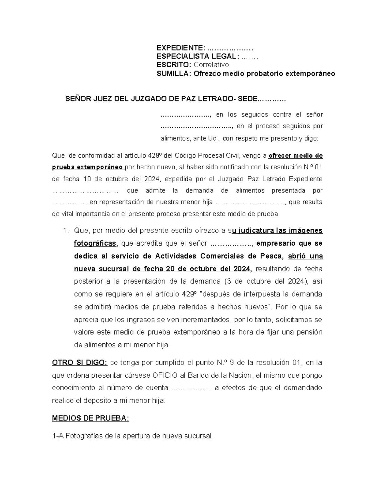 Modelo de Medio de Prueba Extemporáneo en Proceso de Alimentos - Studocu