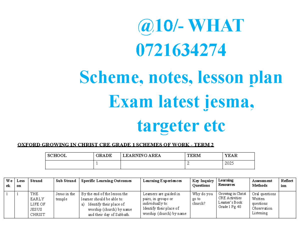 0721634274 - Growing in Christ CRE Grade 1 Term 2 Lesson Plans - Studocu
