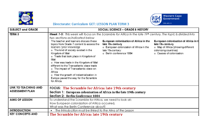 Lesson Plan: Grade 8 SS History T3 - The Scramble for Africa - Studocu