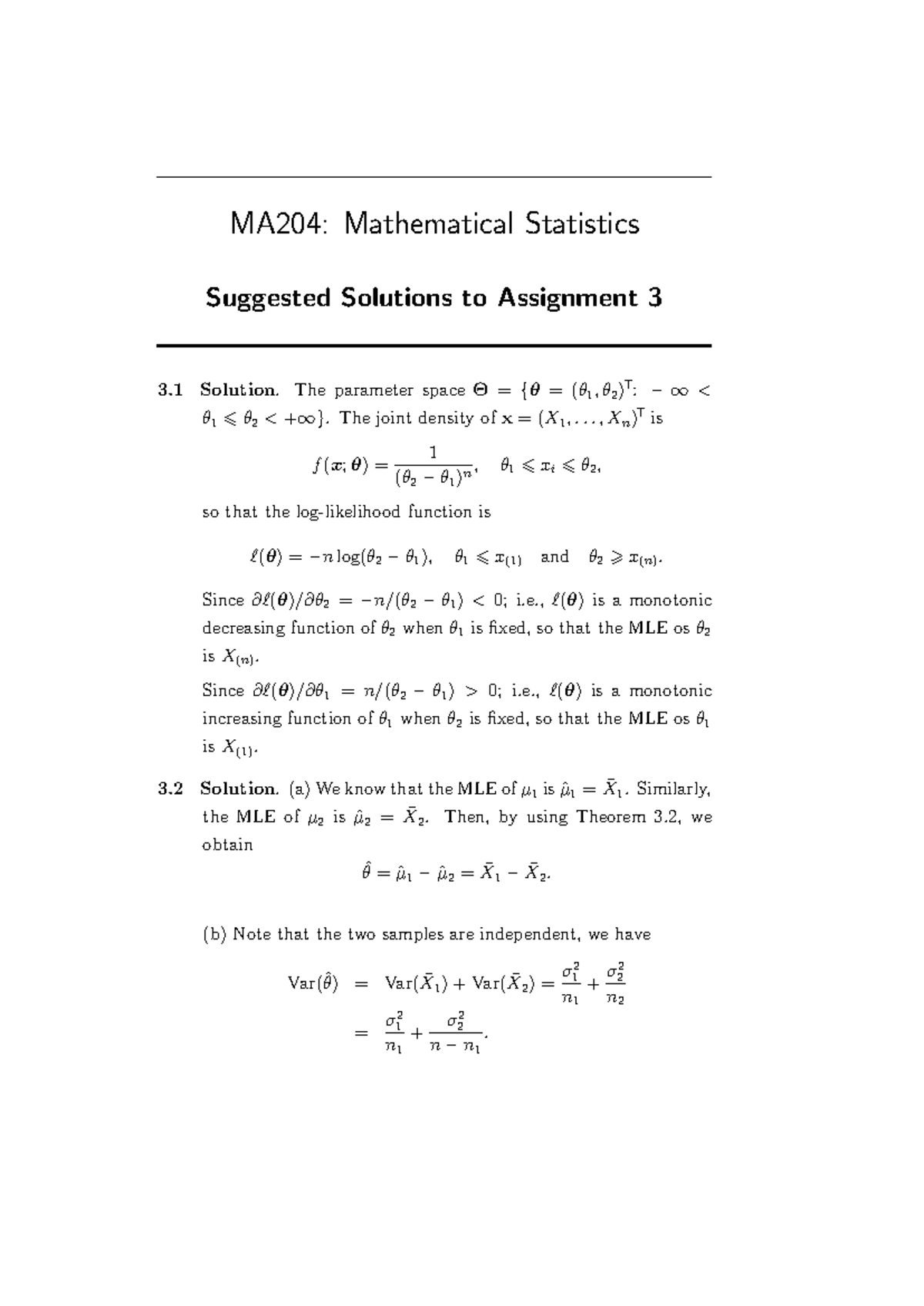Suggested Solutions to MA204 Mathematical Statistics Assignment 3 - Studocu