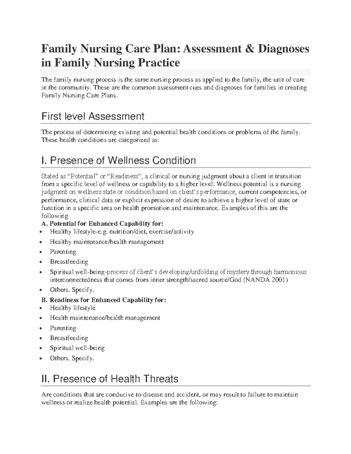 Family Nursing Care Plan: 1st & 2nd Level Health Assessment Insights ...
