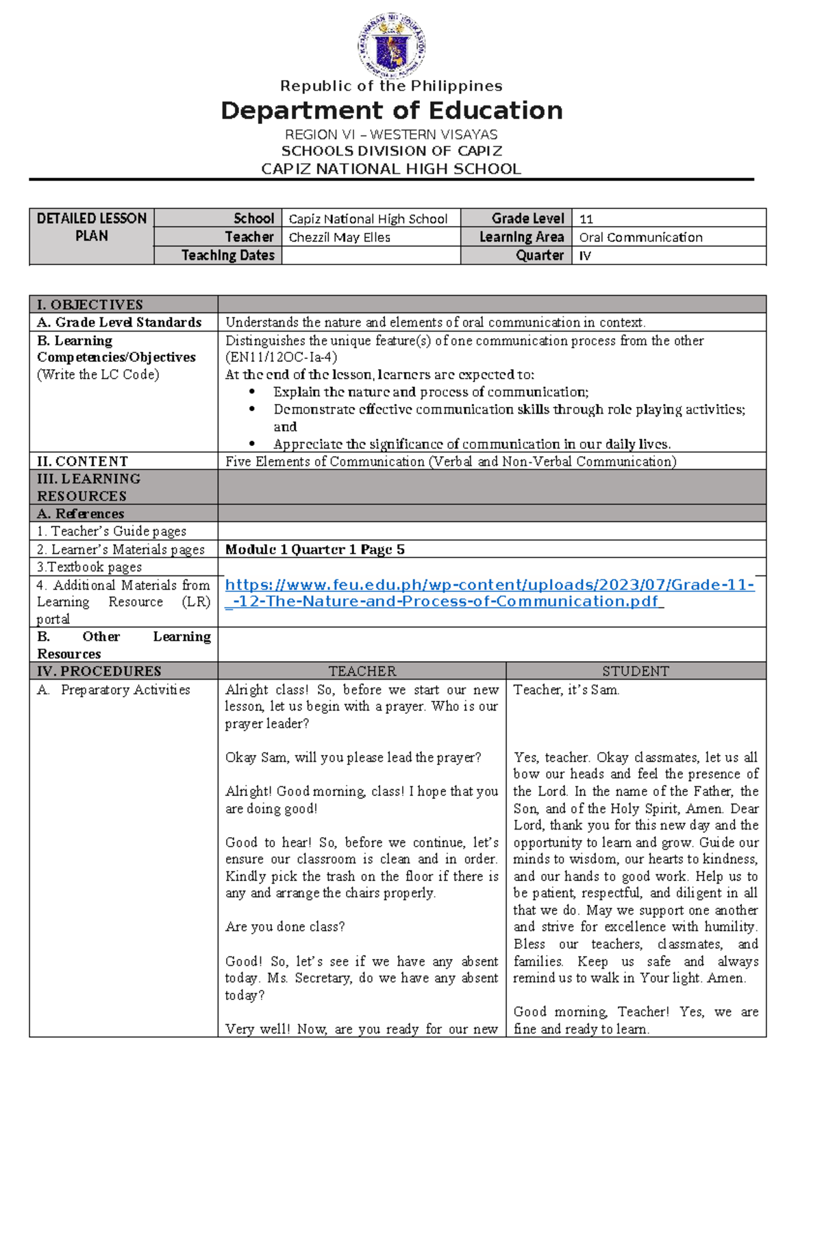 Grade 11 Oral Communication Detailed Lesson Plan (Quarter IV) - Studocu