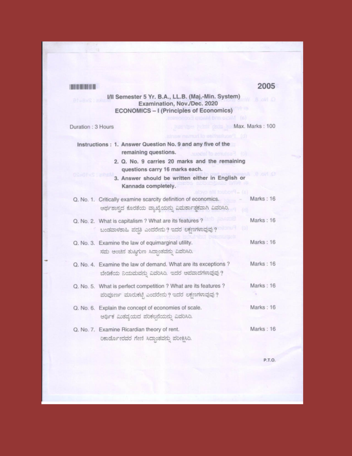 Previous year Questions (Eco) - 2005 Semester 5 Yr. B., LL. System) Examination, 2020 ECONOMICS ...