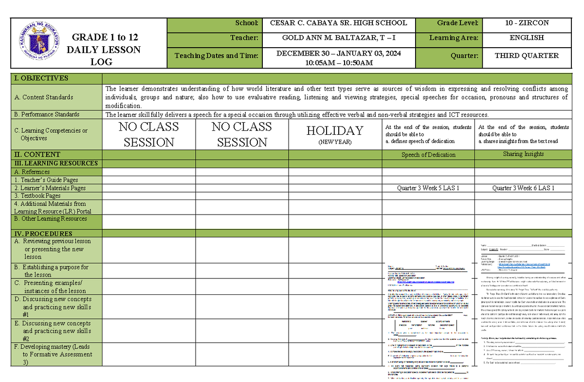 Q3 W4 G10 - English Lesson Plan & Daily Log - Studocu