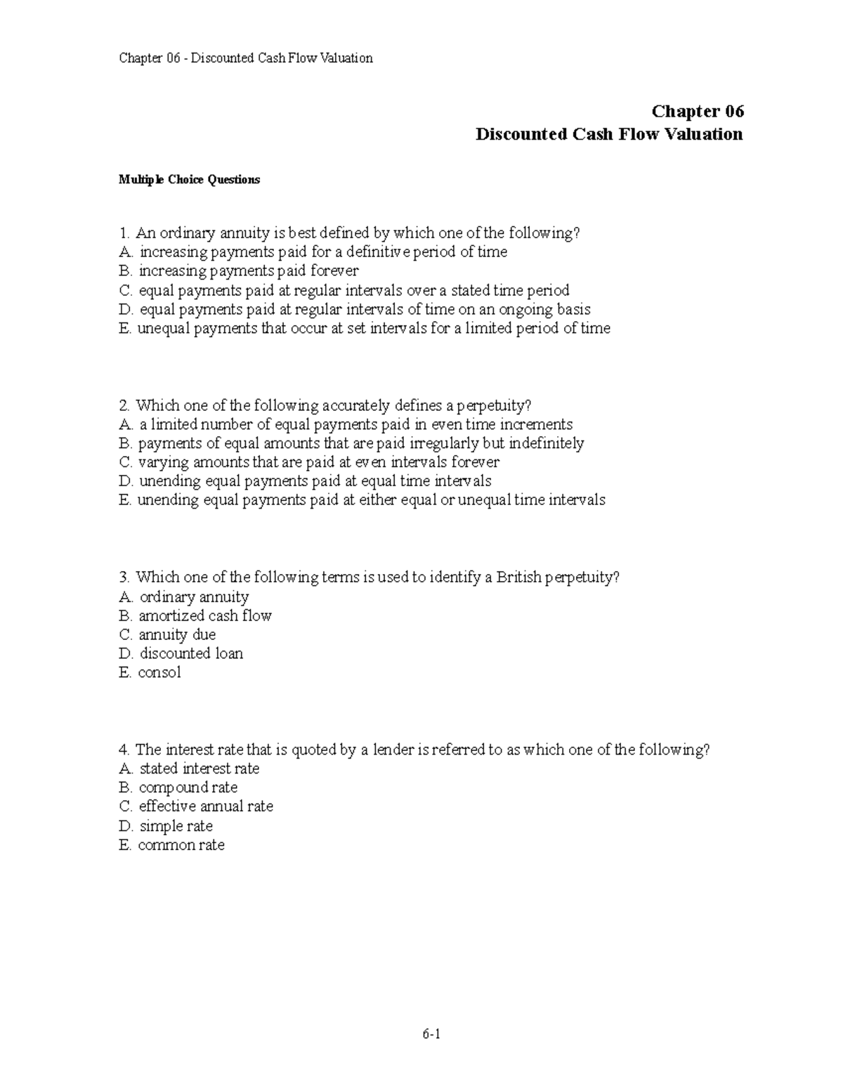 Testbank Chapter 06: Discounted Cash Flow & Cash Flow Valuation ...