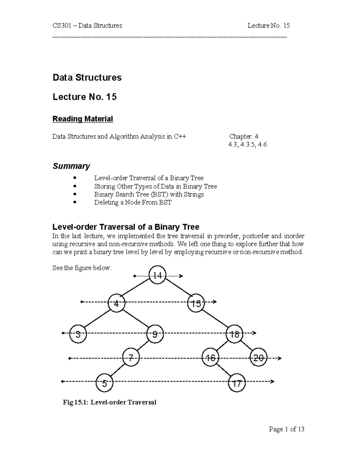 CS301 Data Structures Lecture 15: Binary Tree Traversal & BST ...