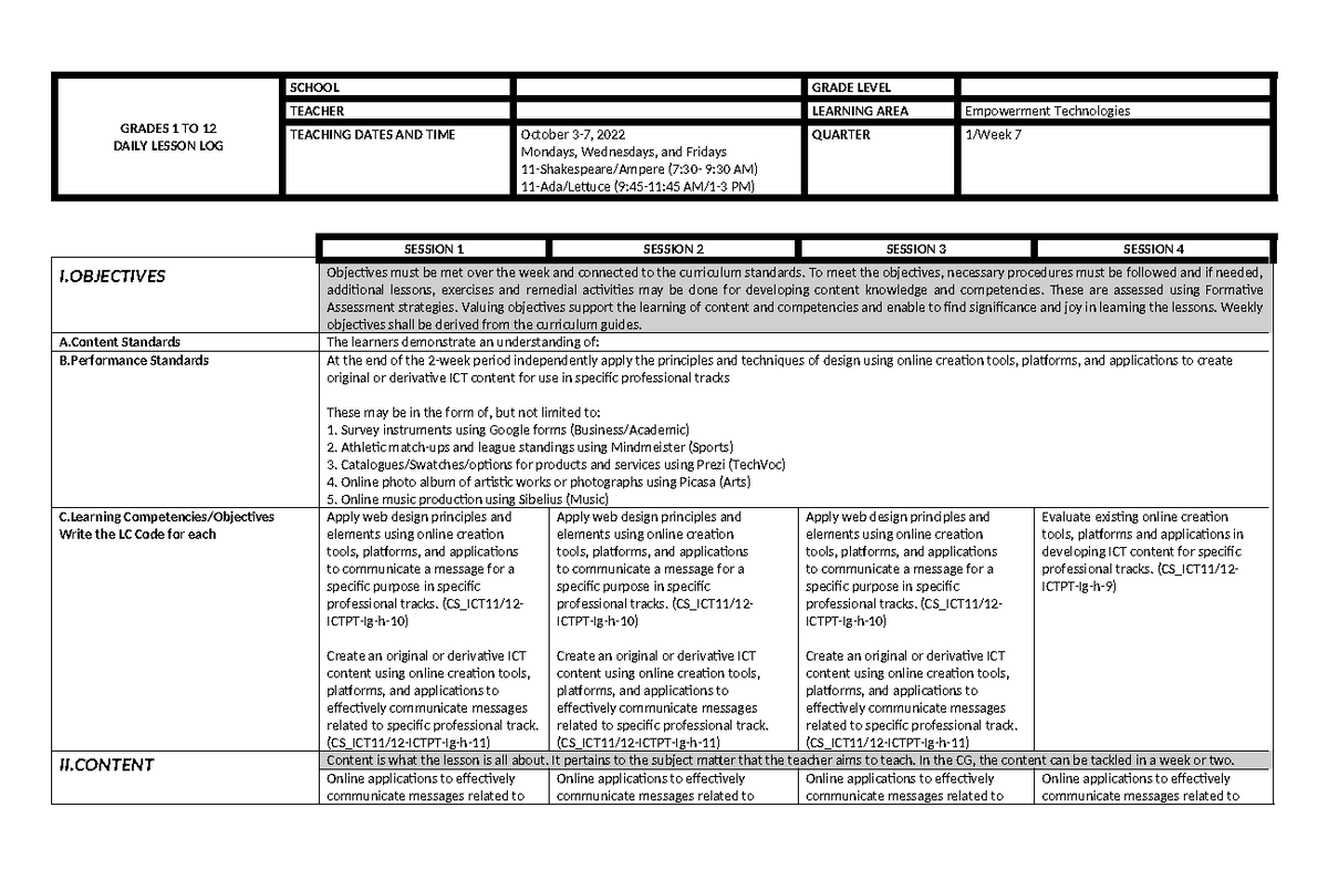 ET Q1 W7 - lesson plan - GRADES 1 TO 12 DAILY LESSON LOG SCHOOL GRADE ...