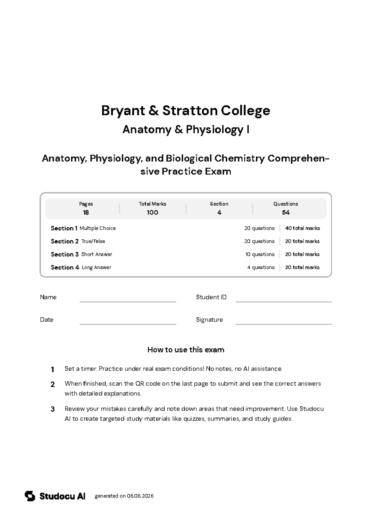 Anatomy, Physiology, and Biological Chemistry Practice Exam - Studocu