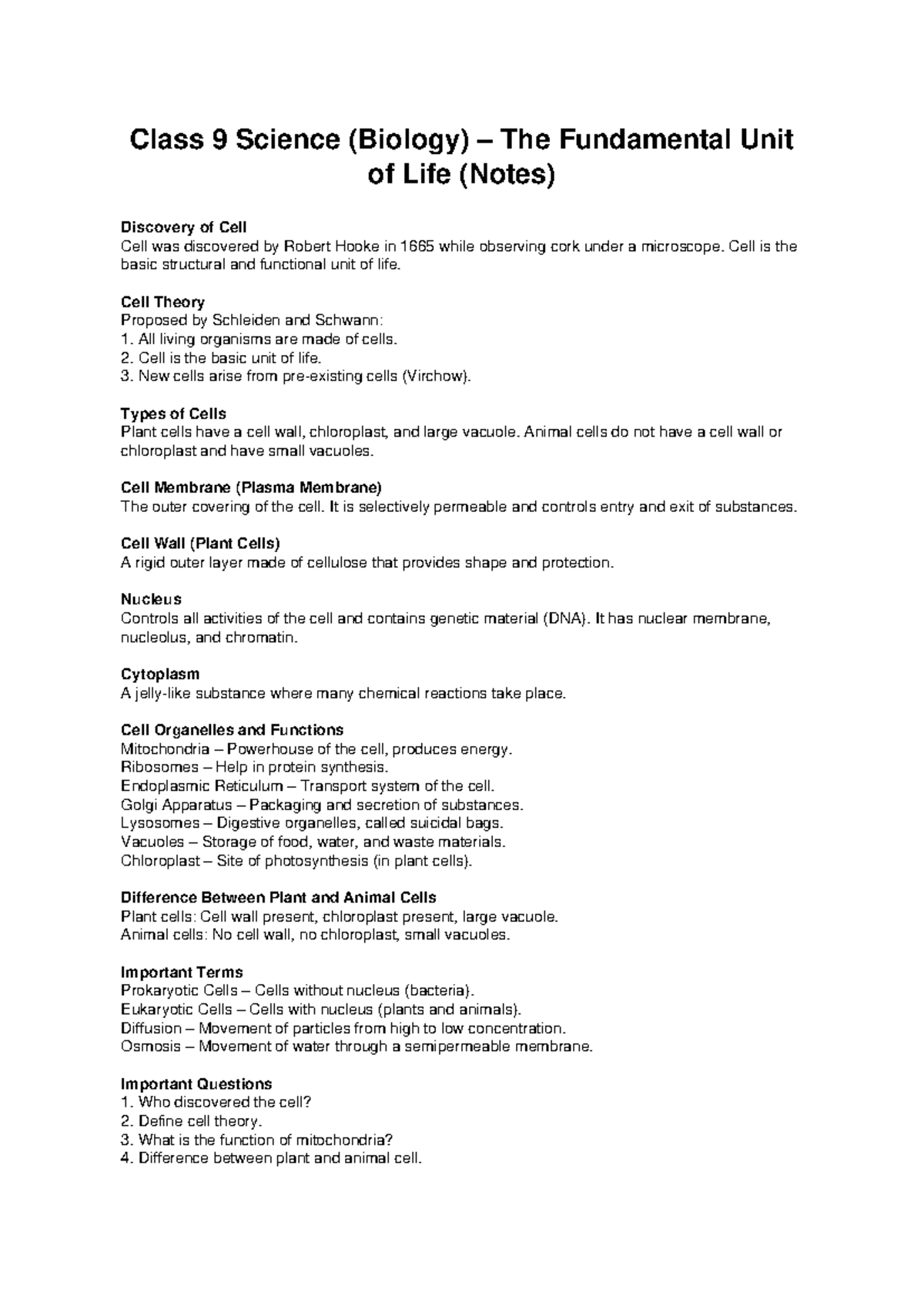 Class 9 Science (Biology) Notes: The Fundamental Unit of Life - Studocu