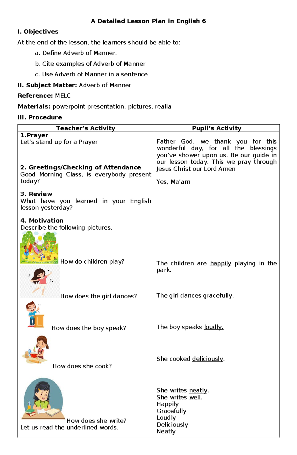 Eng Adverb OFManner - lesson plan in english - A Detailed Lesson Plan ...