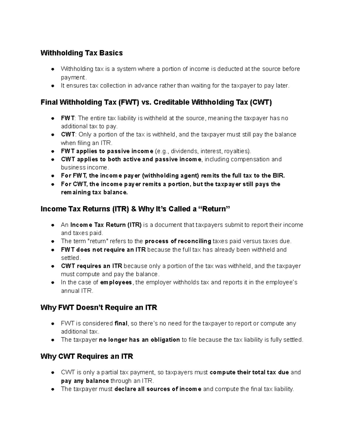 Understanding Withholding Tax: FWT vs. CWT Overview - Studocu