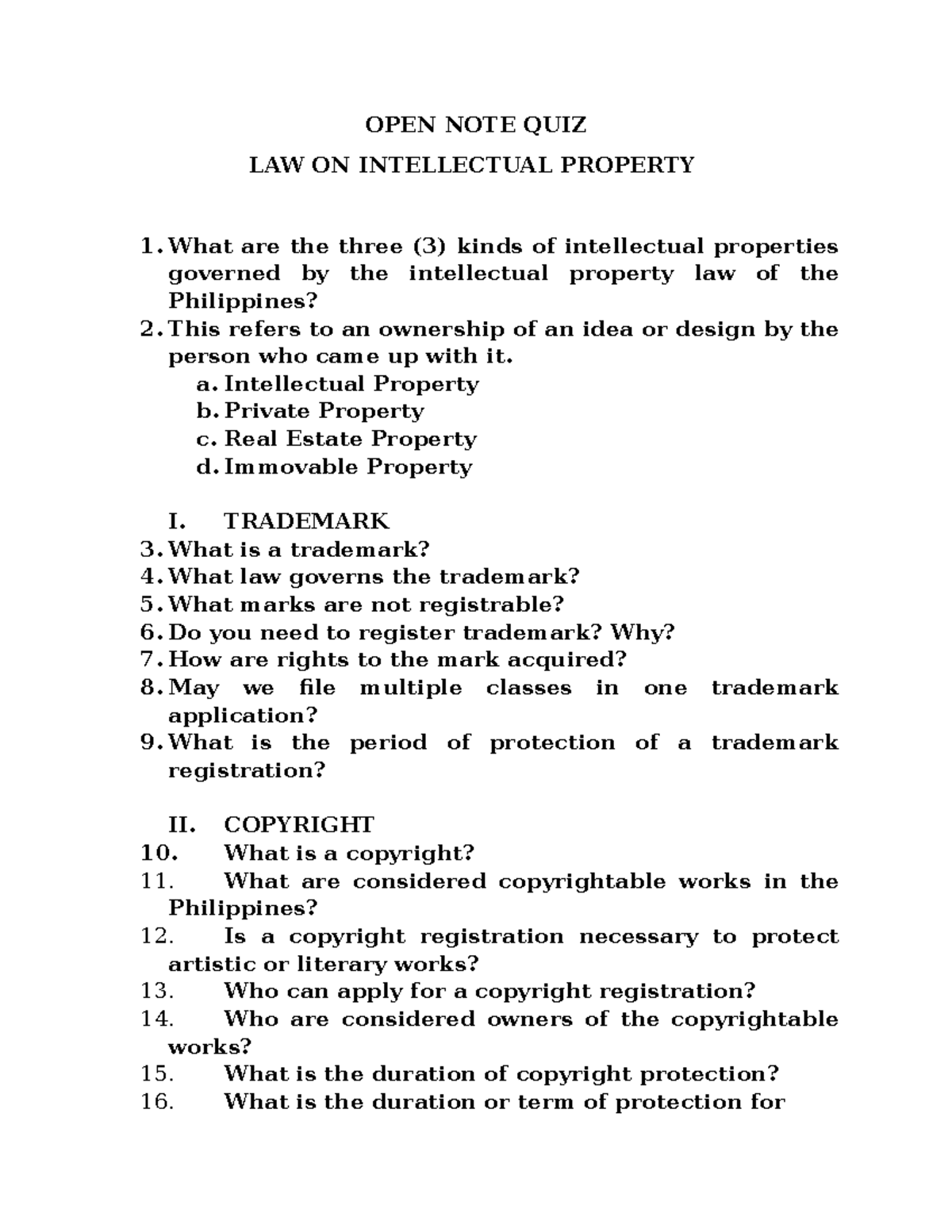 Open quiz IPL - quiz open - OPEN NOTE QUIZ LAW ON INTELLECTUAL PROPERTY ...