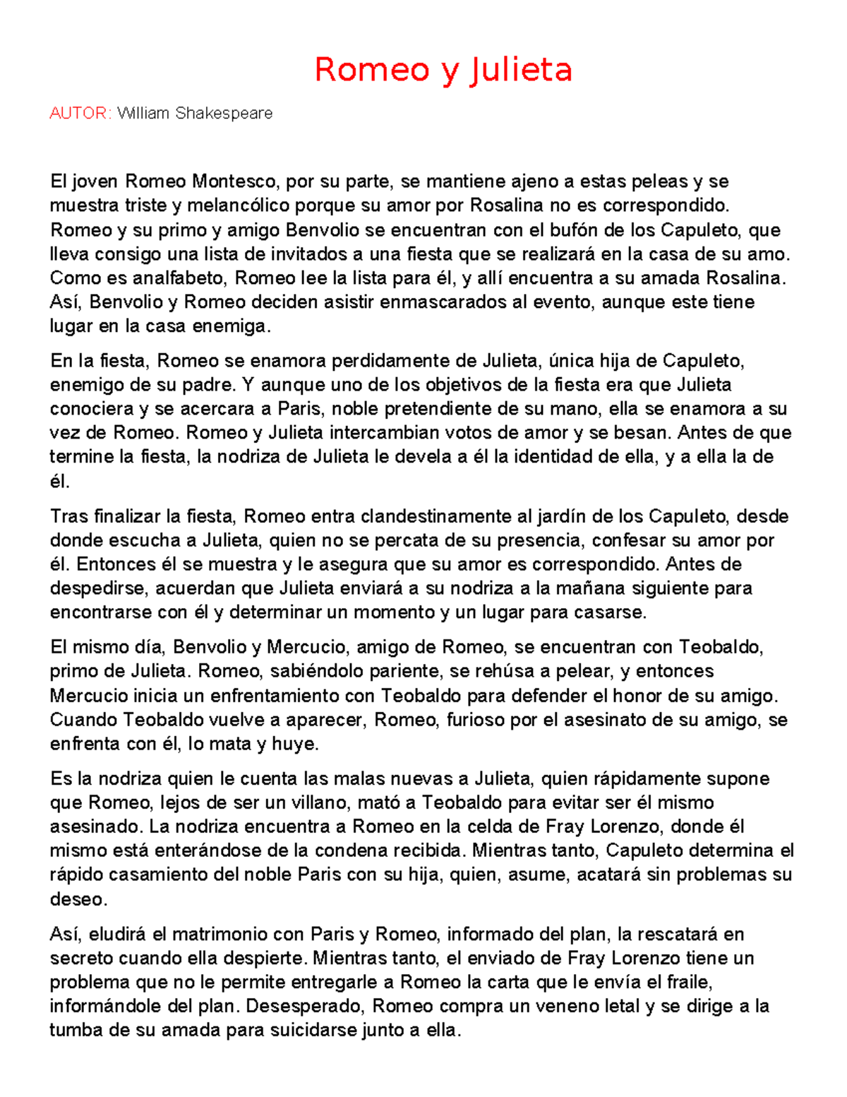 Romeo y Julieta - lectura y analisis - Romeo y Julieta AUTOR: William Shakespeare El joven Romeo ...