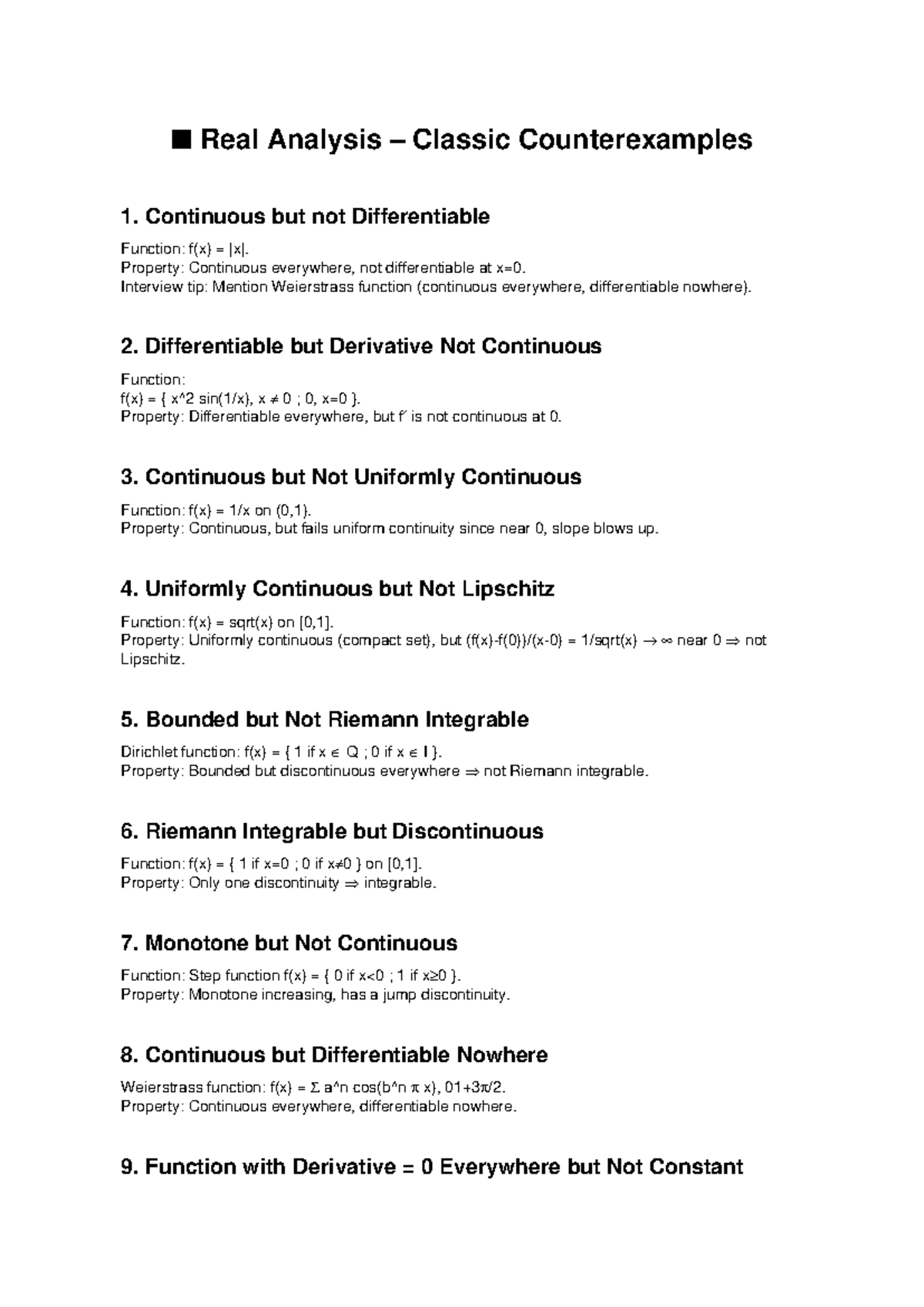 Real Analysis (MATH 301) Classic Counterexamples in Continuity and ...