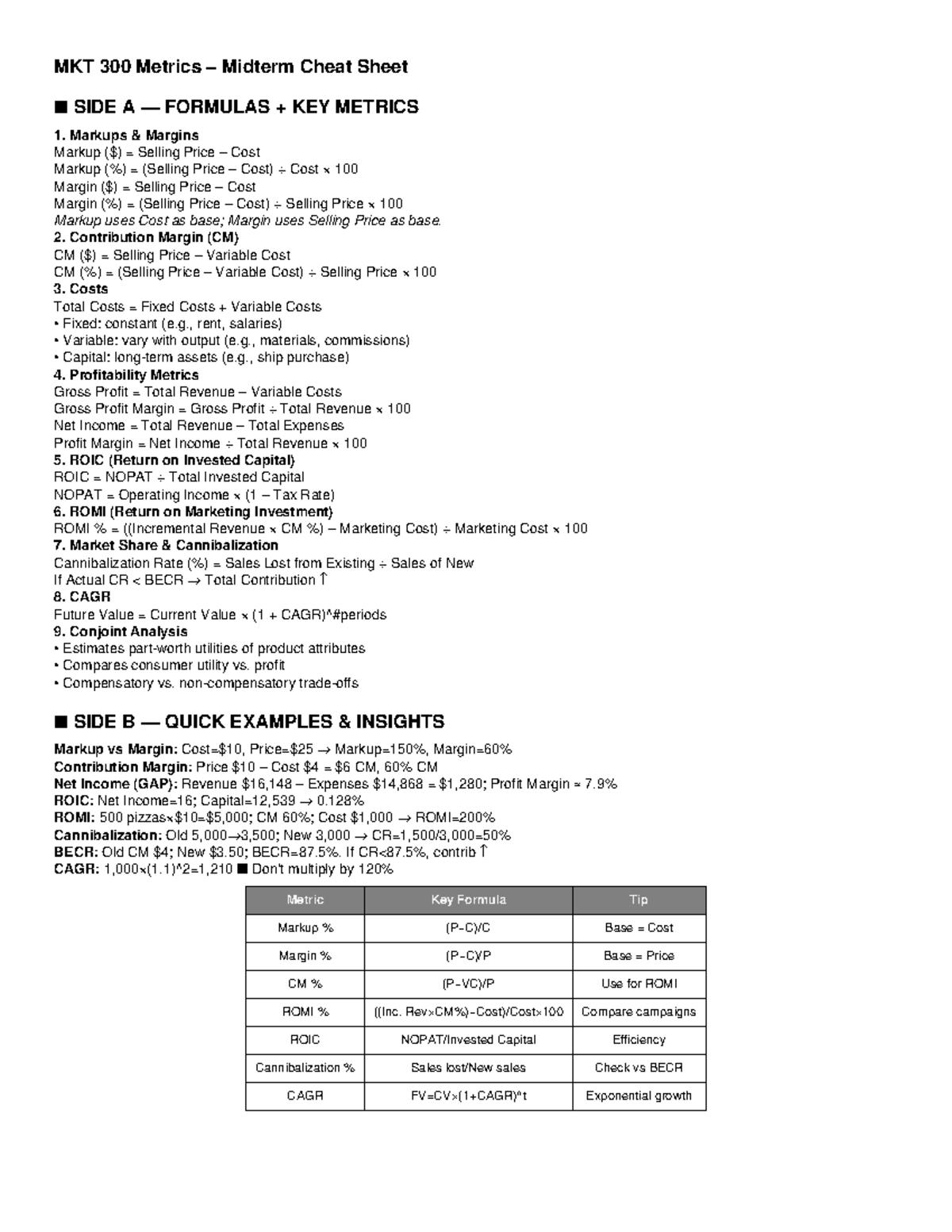 MKT 300 Metrics Midterm Cheat Sheet: Key Formulas & Insights - Studocu