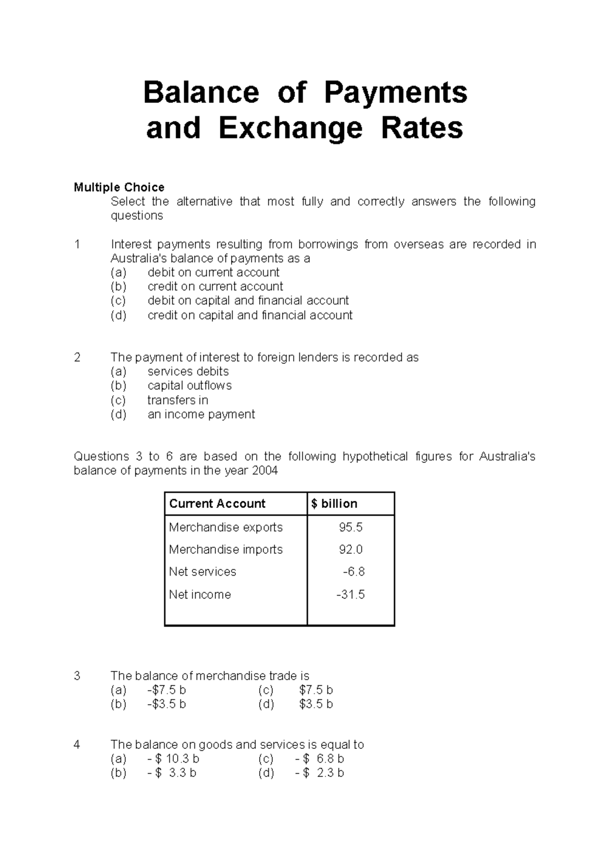 08 Balance of Payments and Exchange Rates MCQ Study Guide - Studocu