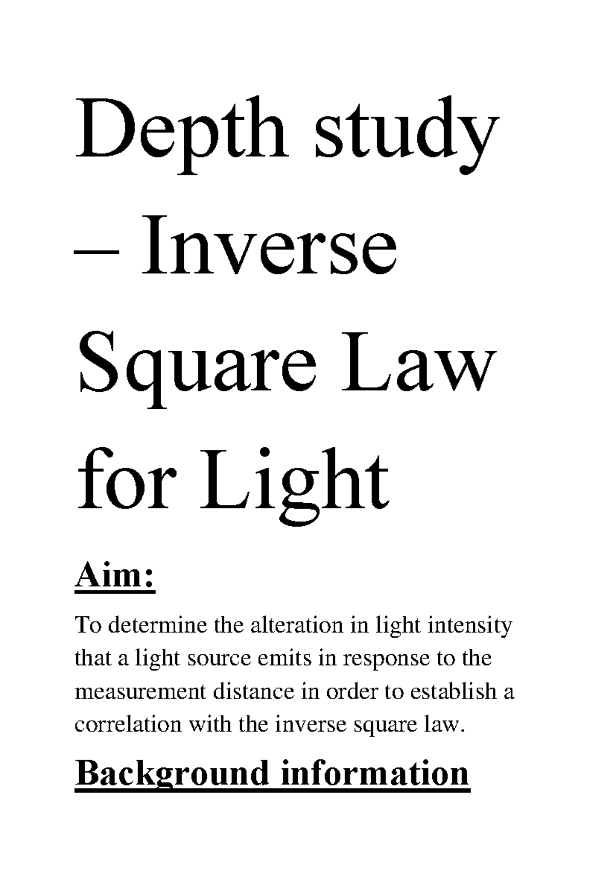 Assessment Task 2 - Depth Study on Inverse Square Law for Light - Studocu