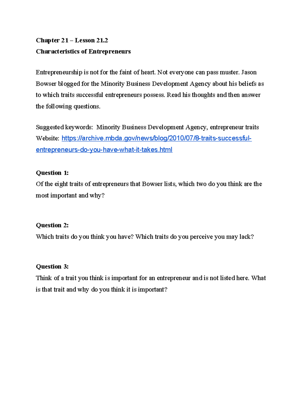 Principles of Business - 01 13 - Chapter 21: Entrepreneur Traits ...