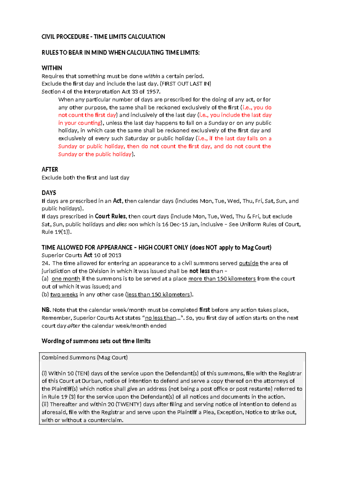 CIVIL PROCEDURE TIME LIMITS CALCULATION - KEY RULES & EXAMPLES - Studocu