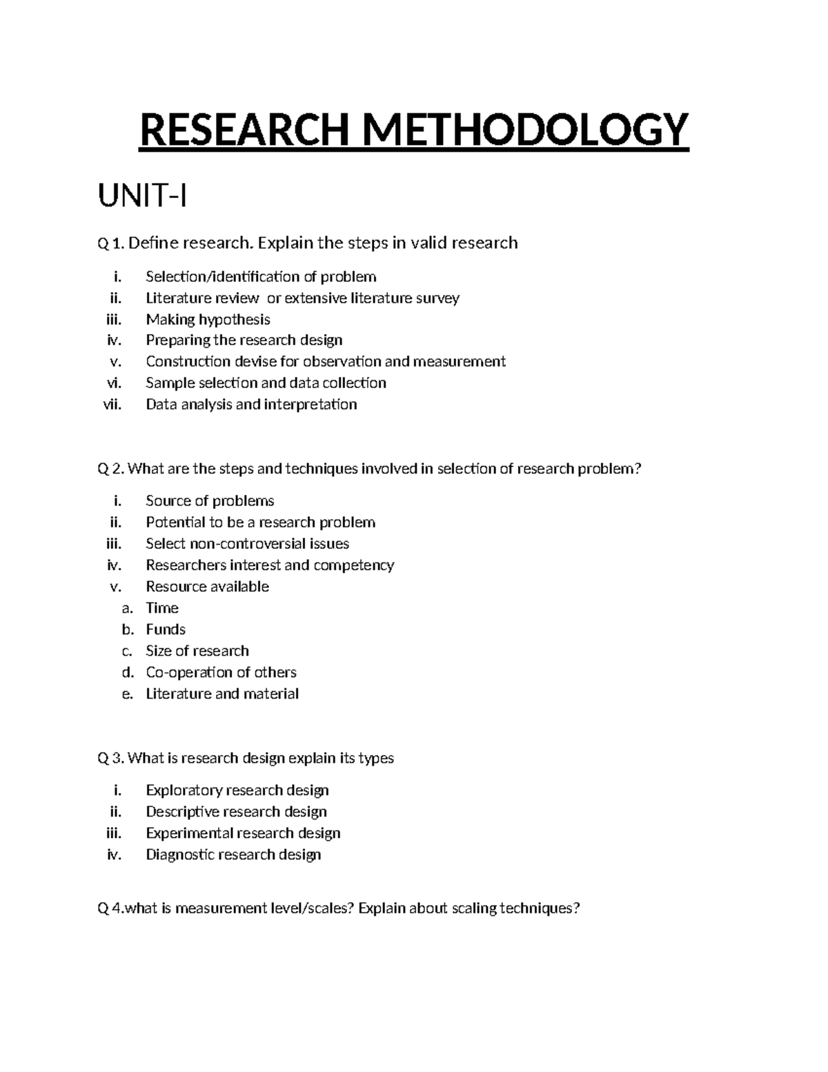 Research Methodology Imp Questions (RM 101) - Studocu