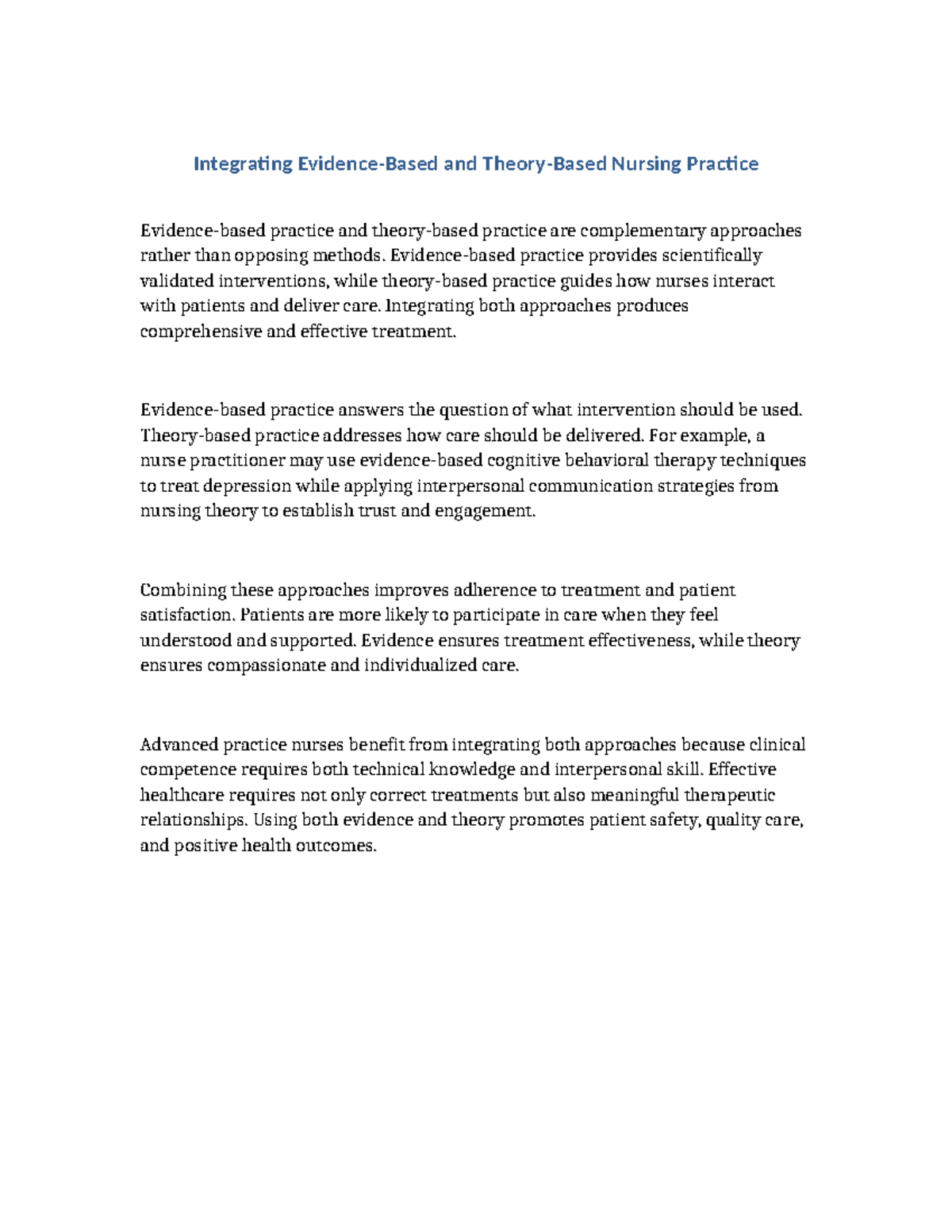 Integrating Evidence and Theory in Nursing Practice: Document 5 - Studocu