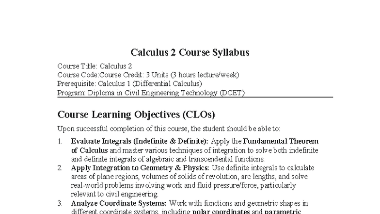 Calculus 2 Syllabus (DCET) - Course Overview & Learning Objectives - Studocu
