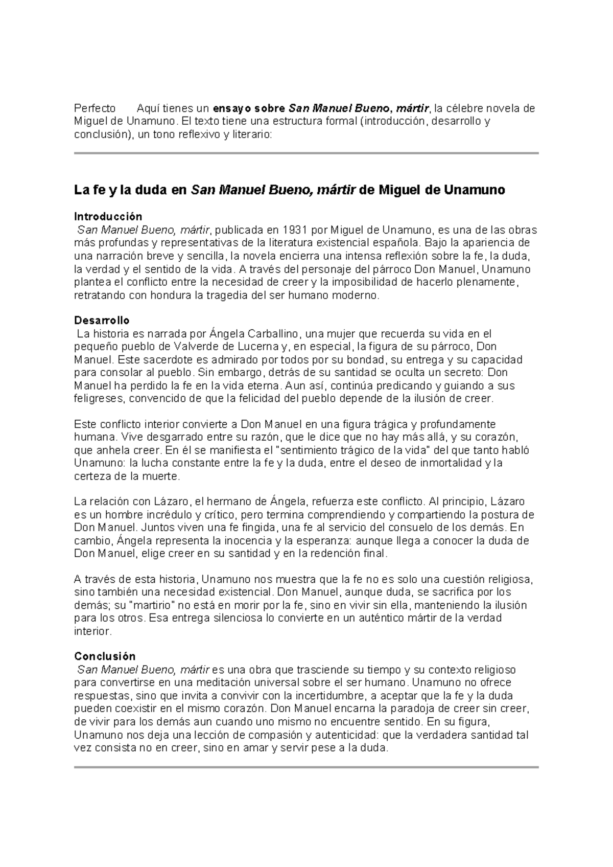 Ensayo sobre San Manuel Bueno, mártir - Análisis y Reflexiones - Studocu