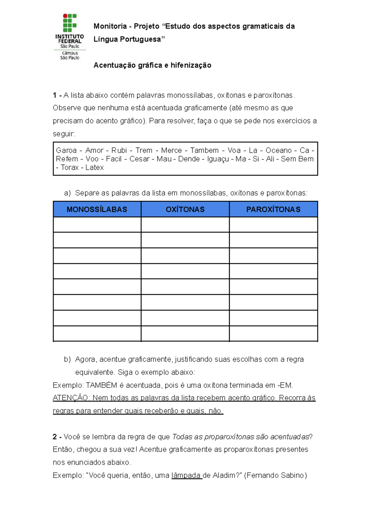 Acentuação Gráfica e Hifenização - Monitoria Projeto 1 - Studocu