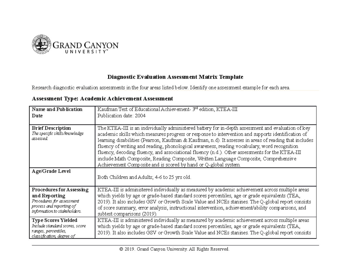 Diagnostic Evaluation Assessment Matrix - Week 6 Analysis - Studocu