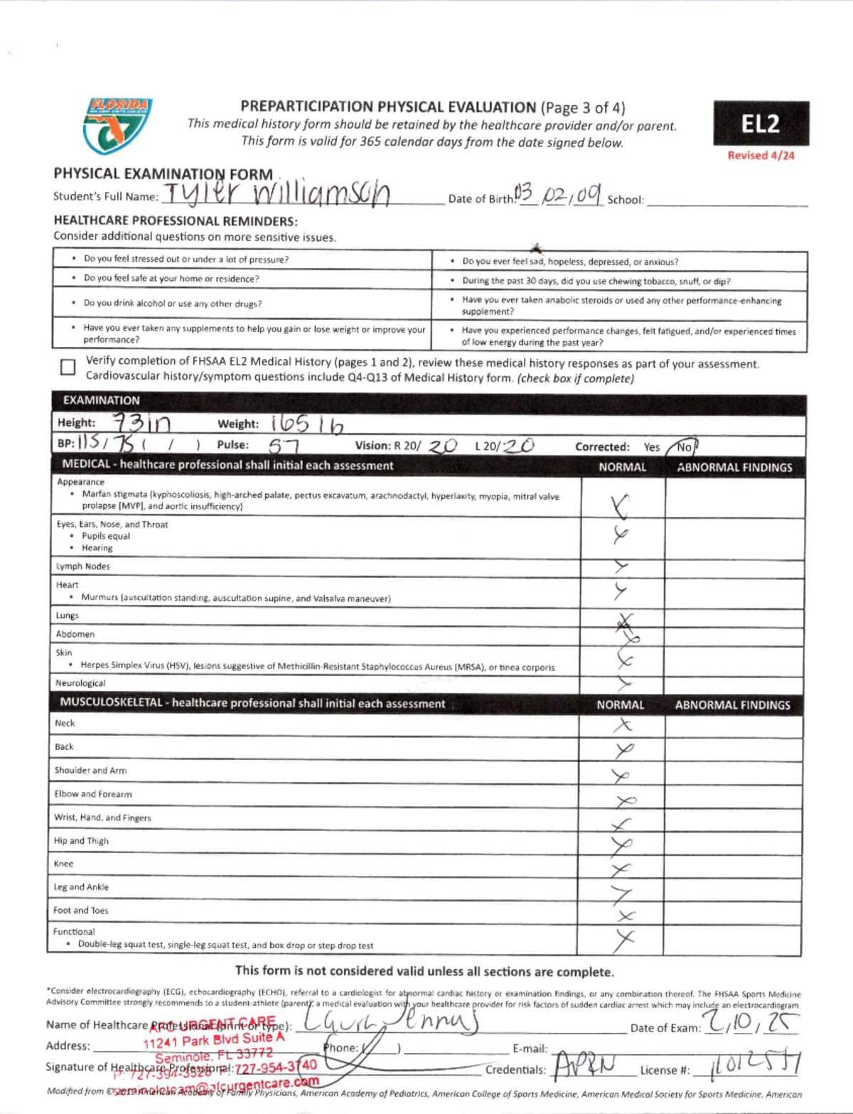 FLORIDA EL2 Preparticipation Physical Evaluation Form for Tyler ...