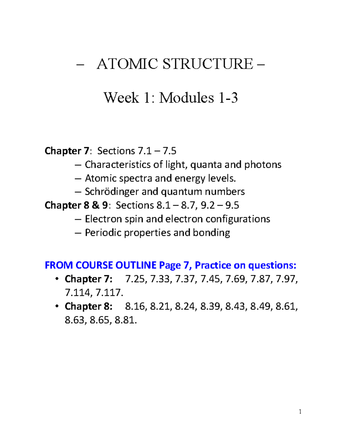 ATOMIC STRUCTURE Week 1: Notes on Modules 1-3, Quantum Mechanics ...