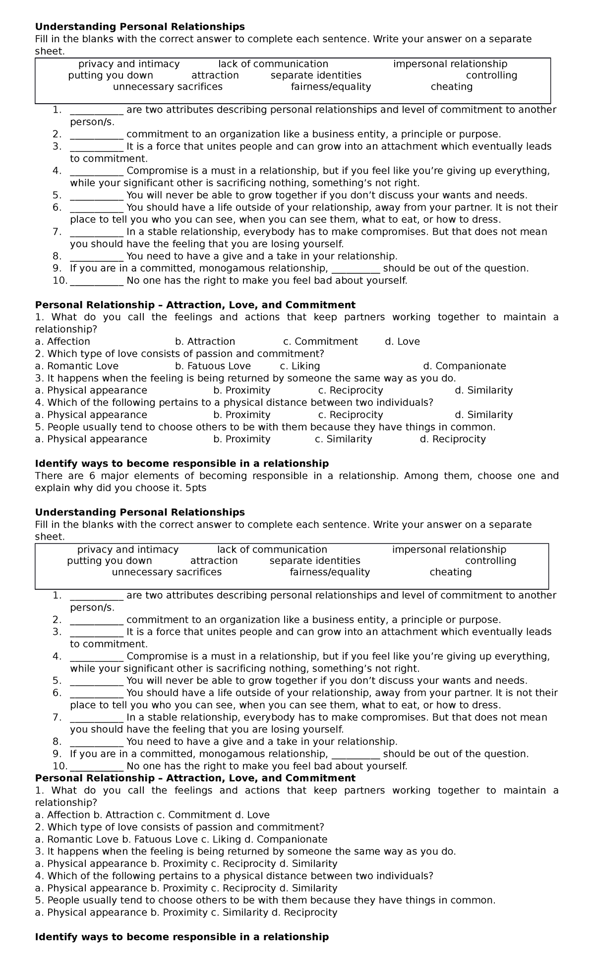 Perdev Long Test: Understanding Personal Relationships and Commitment ...