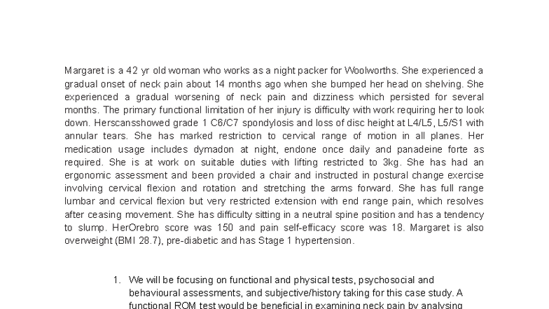 EXPT3152 Case Study: Neck Pain Management for Margaret - Studocu