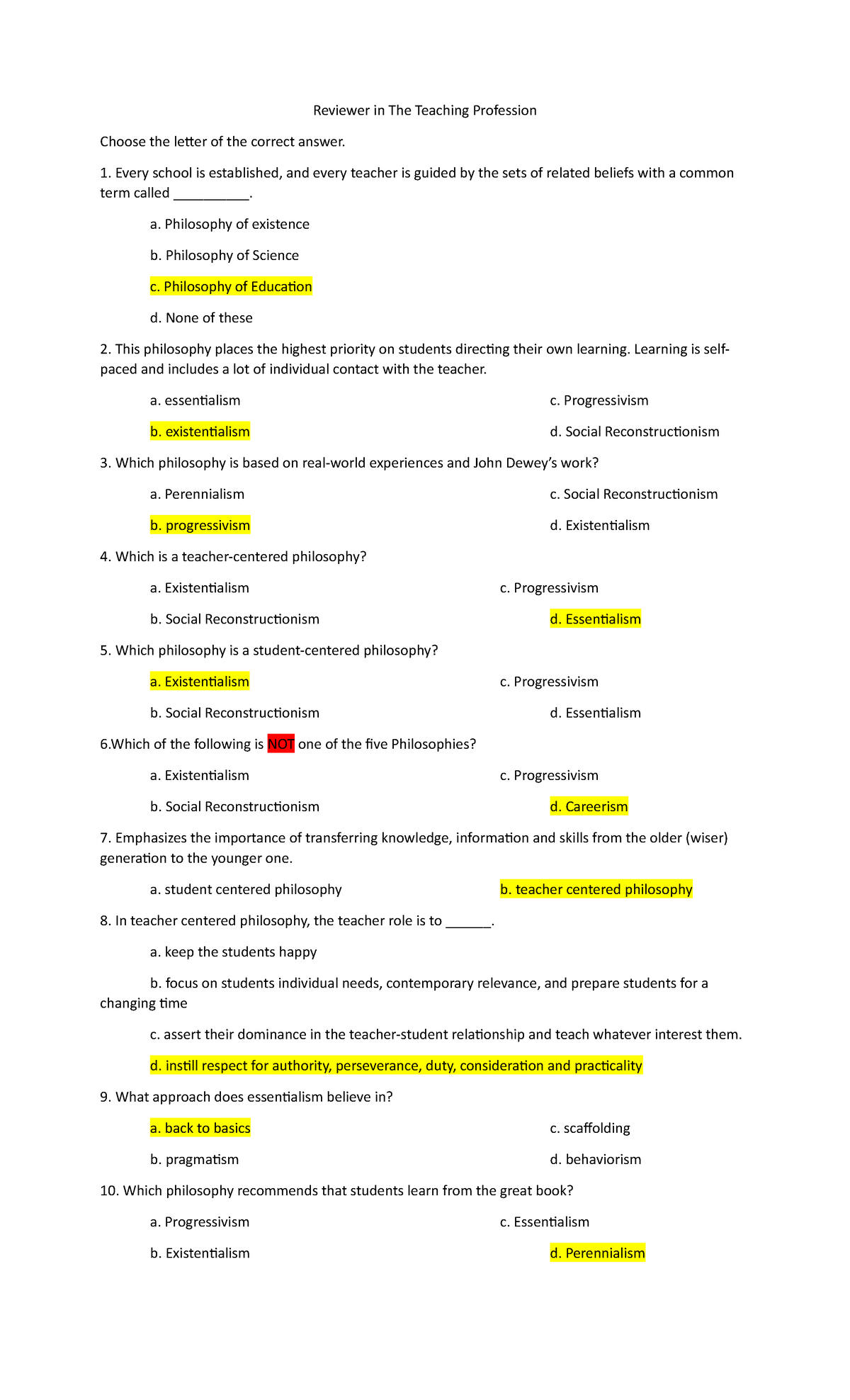 Teaching Profession Reviewer with Answer Key for Educational ...