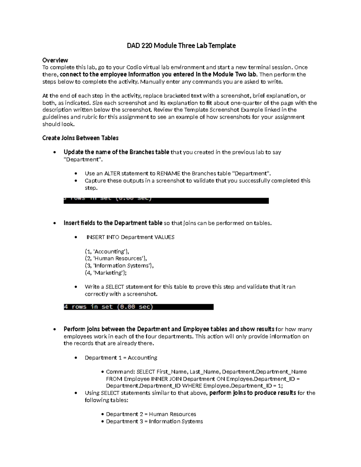 DAD 220 Module 3 Lab: Employee & Department Table Joins - Studocu