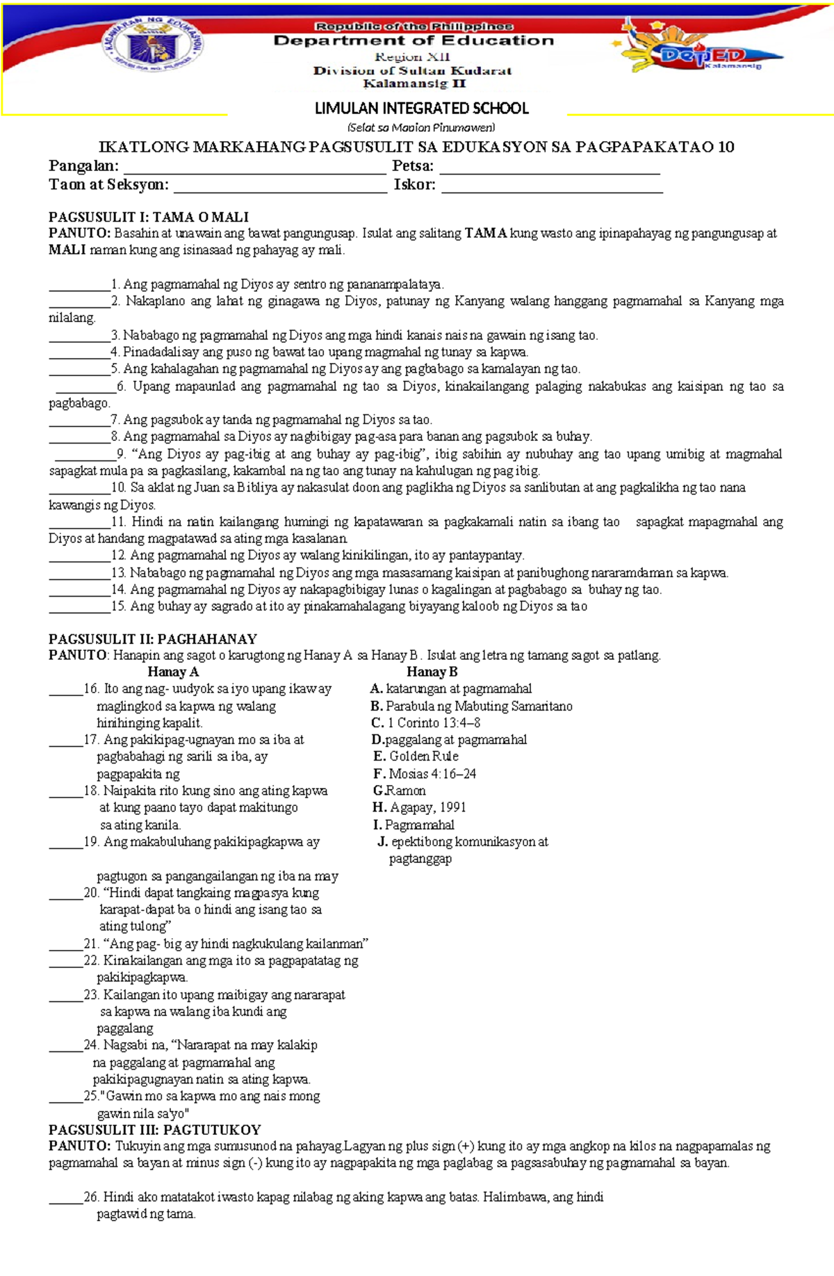 ESP 10 Final Exam Review Questions Q3: Edukasyon sa Pagpapakatao - Studocu