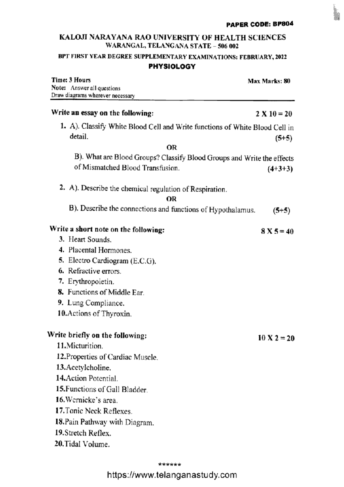 BPT 1st Year Physiology Exam BP804 - Feb 2022 Notes - Studocu