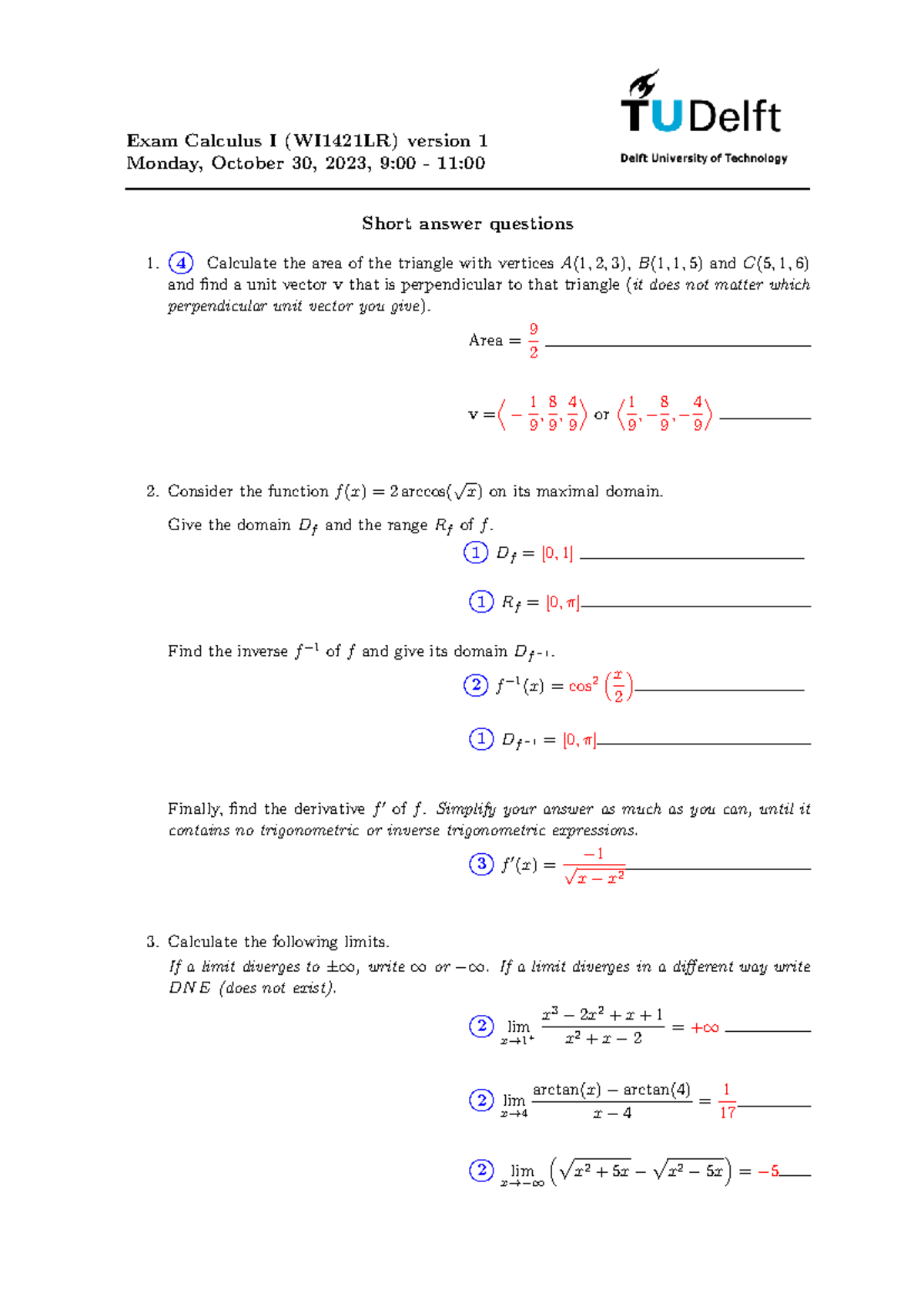 Calculus I Exam (WI1421LR) - Short Answer Questions Guide - Studeersnel