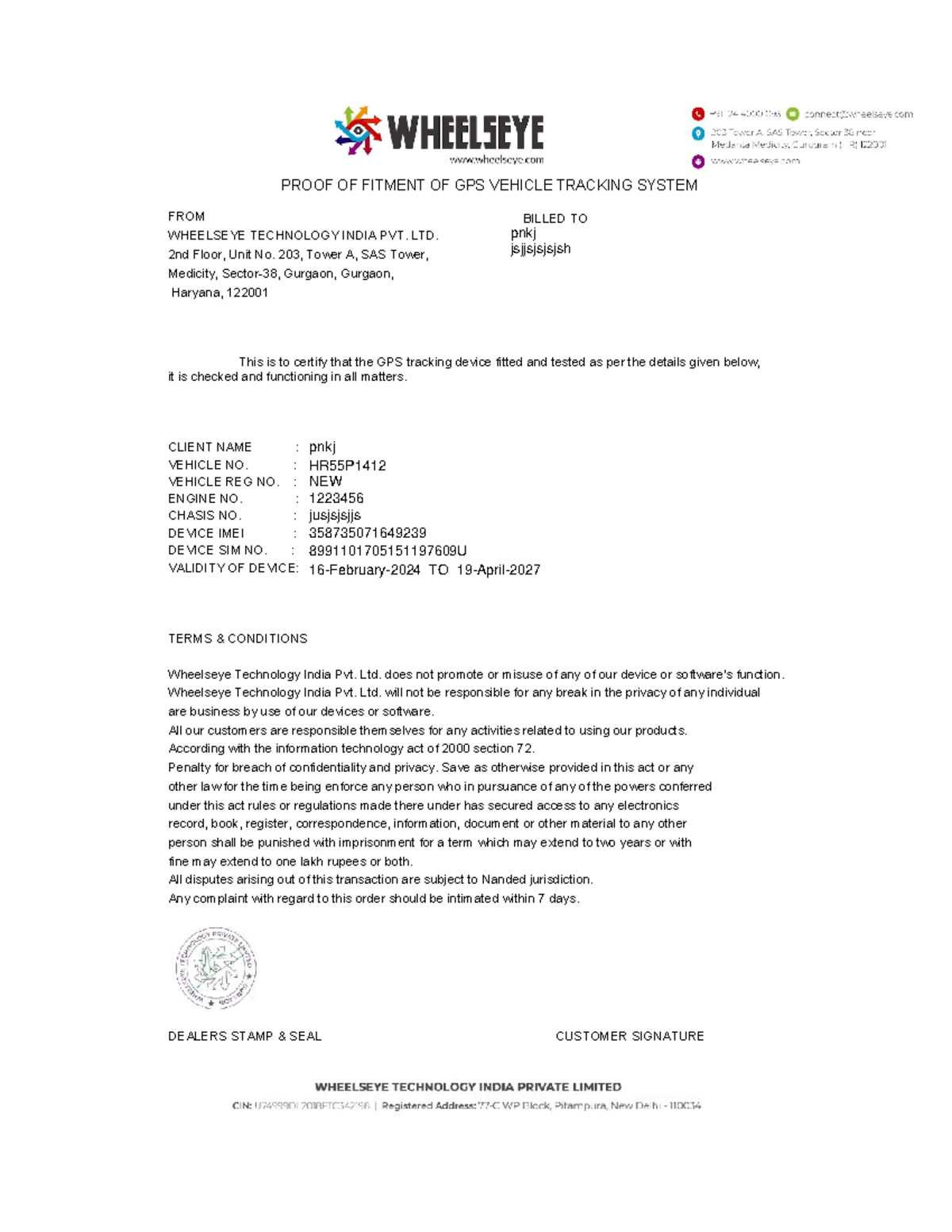 HR55P Certificate of GPS Vehicle Tracking System Fitment - Studocu