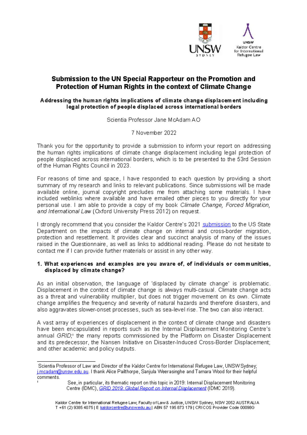 Submission to the UN on Human Rights & Climate Change Displacement ...