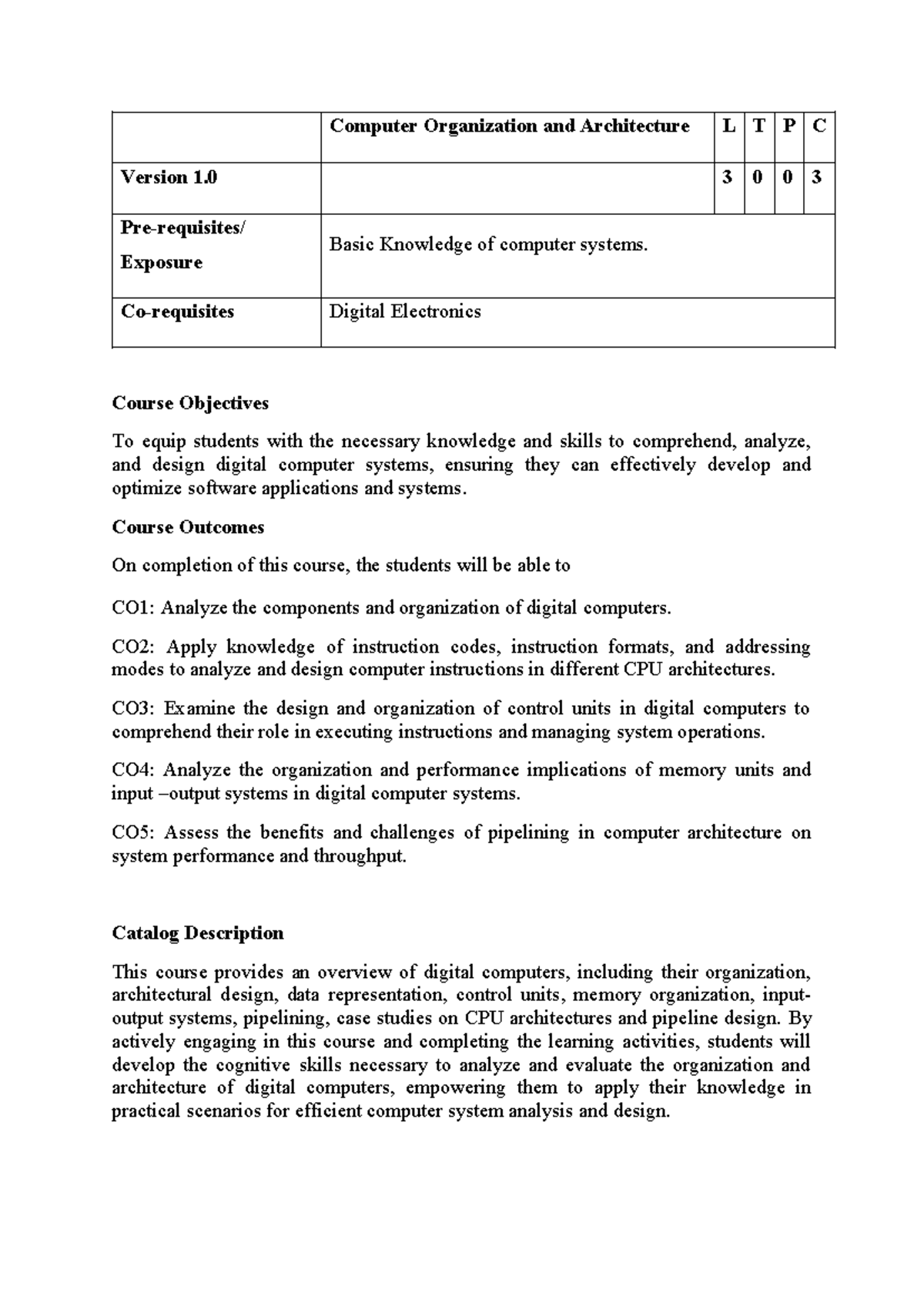 COA 3 Credit Course Syllabus: Computer Organization & Architecture ...