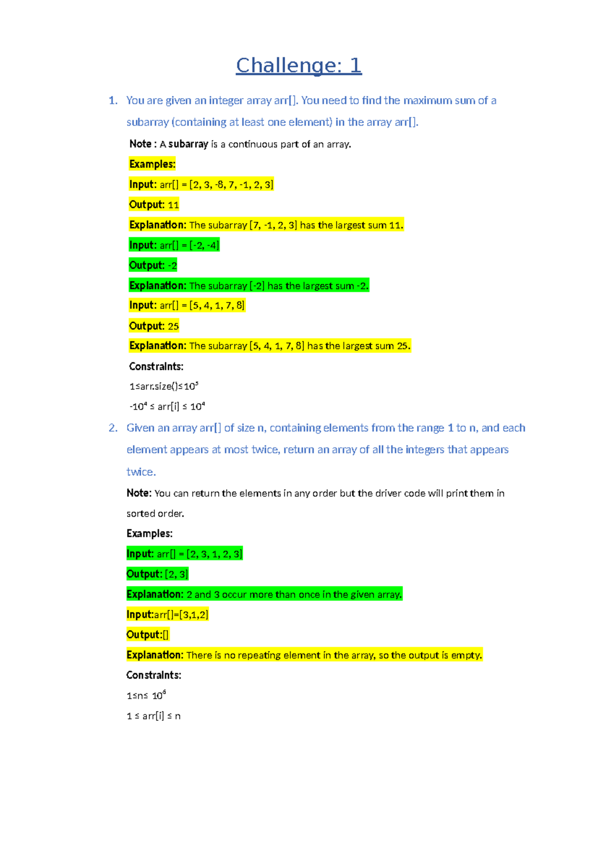 Challenge 01 - Max Subarray Sum & Duplicate Elements Analysis - Studocu